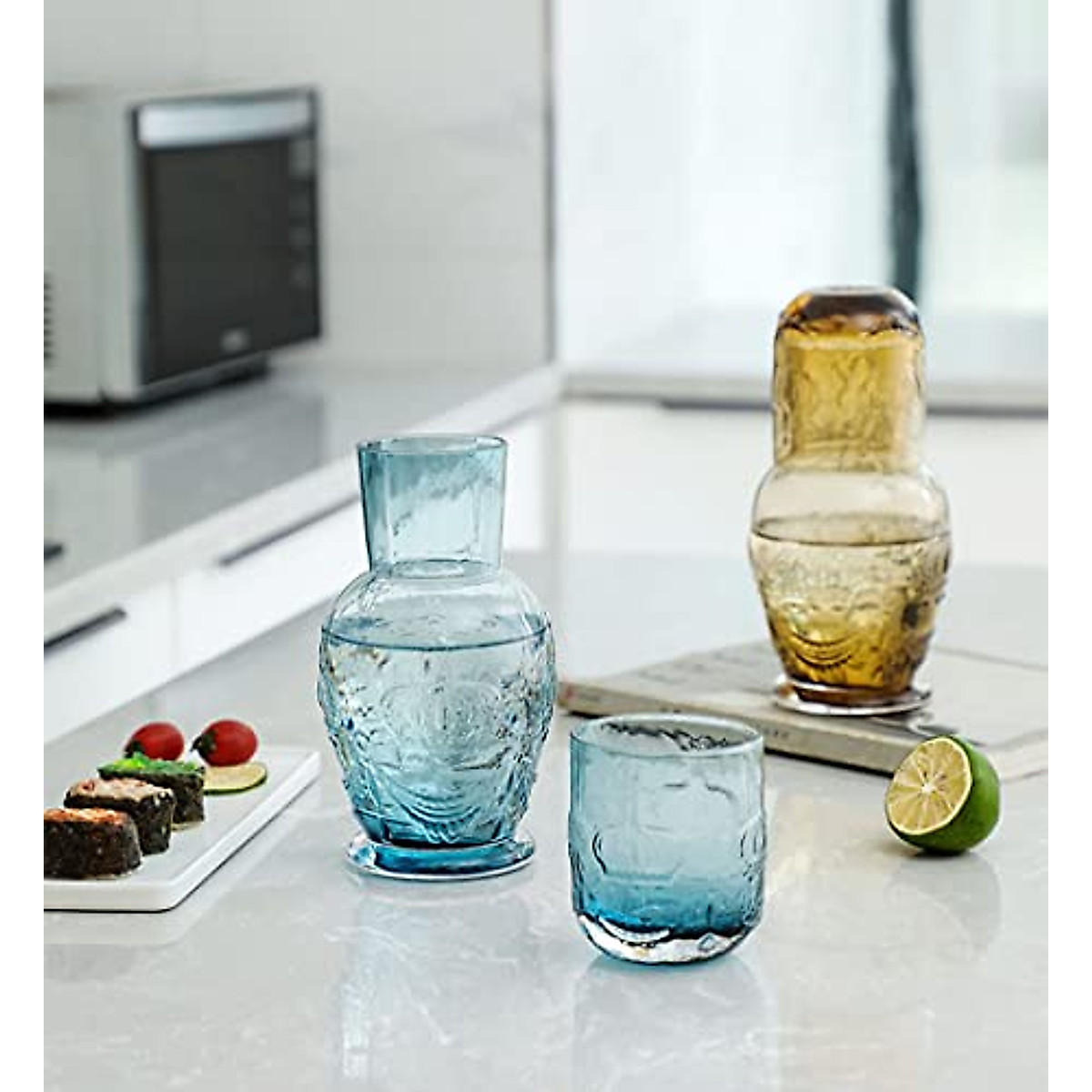 RockTrend Retro Crown Relief Clear Glass Bedside Night Water Carafe with Tumbler Glass, Pitcher And Cup Night Set