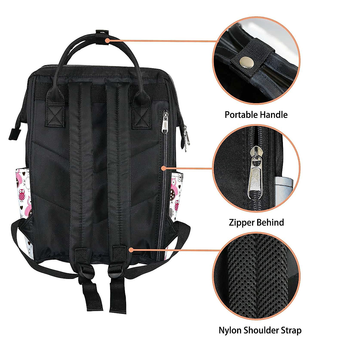 Black and White Cute Cartoon Kawaii Animals owl Diaper Bag Backpack, waterproof backpack Baby Nappy Changing Bags Laptop Backpack for Travel, Large Capacity, Durable and Stylish for Woman and Men.