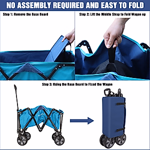 HAUSHOF Heavy Duty Collapsible Wagon, Folding Outdoor Utility Wagon, Camping Garden Beach Cart with Universal Quick Release Wheels, Adjustable Handle, 176 lbs Load Capacity, Blue