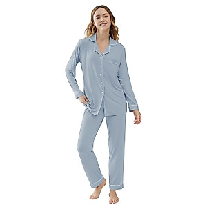 Joyaria Ladies Winter Button Down/Up Pajama/Pj Set Long Sleeve Long Pants(Dusty Blue, Medium)