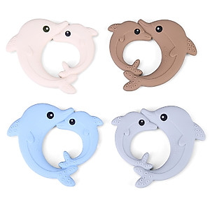 Aitoustone Soft Dolphin Teething Teether Toys for Babies 0-6 & 6-12 Months, 4 Pack Gift, BPA Free, Chewing Relief with Easy to Hold Handles