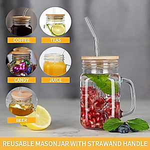 Mason Jars with Handle, Mason Jars Glass Cups with Bamboo Lid , Colorful Airtight Lids & Straws, 16 oz Reusable Boba Bottle, Iced Coffee Cup, Travel Tumbler for Bubble Tea, Smoothie, Juice - 4 Pack