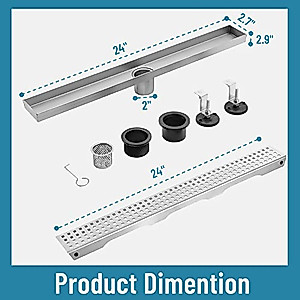 24 Inch Linear Shower Drain Brushed Nickel,304 Stainless Steel Floor Drain for Bathroom, Rectangular Shower Floor Drain with Grate Removable with Hair Strainer from Le Bijou Collection