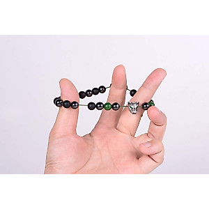 Karseer Antique Silver Panther Hematite and Matte Onyx Natural Stones Beaded Stretch Bracelet Meditation Prayer Stress Relief Energy Beads Bracelet for Men Women