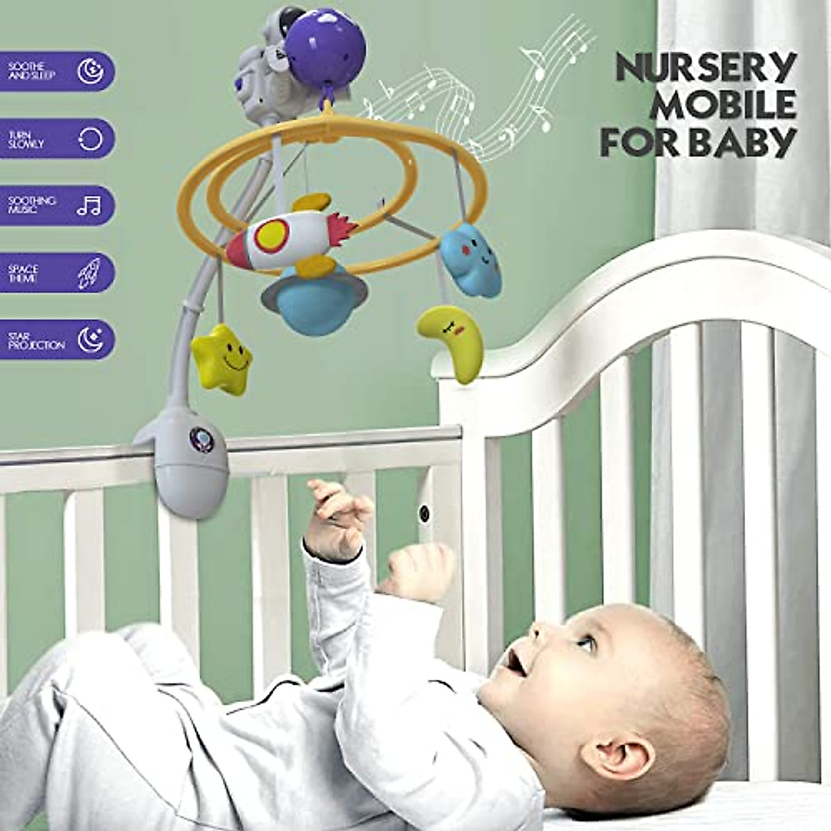 Baby Crib Mobile with Safety Buckle Lock,Music,Light Projector,3 Modes(Rotate,Natural light,Lullaby)2 Volume Control,Slow Silent Rotation,Remote Control,Five Soft Toys-Eapura Space Stars Station Theme