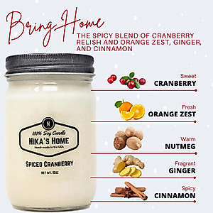Nika's Home Spiced Cranberry Soy Candle 12oz Mason Jar Non-Toxic White Soy Candle-Hand Poured Handmade, Long Burning 50-60 Hours Highly Scented All Natural, Clean Burning Candle Gift Décor
