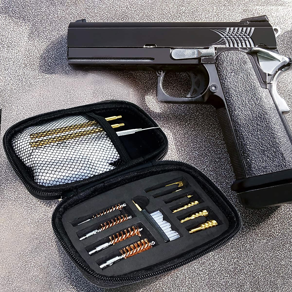 Gun Cleaning Kit 19 in 1 with Special 9mm Handgun Snake .22 .38 9mm .40 .45 Caliber Pistol Bronze Bore Brush and Brass Jag Adapter,100Pcs 3" Cotton Swabs Empty Bottle by DINGDOON