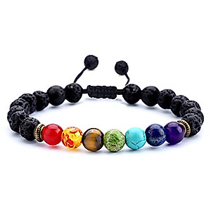 Hamoery Men Women 8mm Lava Rock Beads Chakra Bracelet Braided Rope Natural Stone Yoga Bracelet Bangle(Lava Chakra)