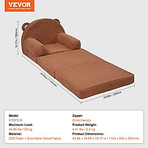 VEVOR Kids Couch, 2-in-1 Toddler Chairs Comfy, Toddler Couch Sofa Bed Fold Out, Convertible Sofa to Lounger, Kids Chair Seat Playroom Furniture for Kids Girls & Boys, Brown