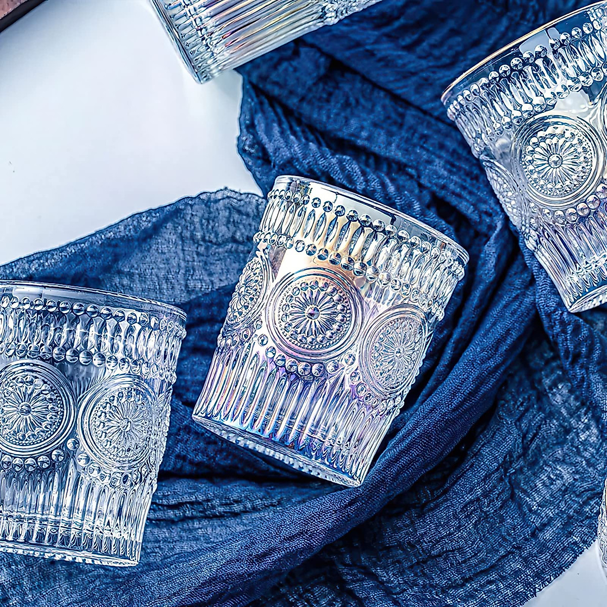 Kingrol 6 Pack 9 oz Romantic Water Glasses, Iridescent Drinking Glasses Tumblers, Vintage Glassware Set for Juice, Beverages, Beer, Cocktail