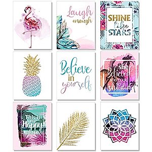 Outus Set of 9 Inspirational Prints Teen Girl Room Wall Art Flamingo Pineapple Leaf Motivational Phrases Posters Girls Bedroom Home Decorations Unframed