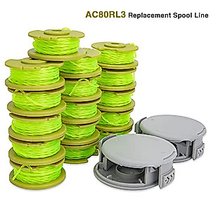 AC80RL3 String Trimmer Replacement Spool Compatible with Ryobi One Plus+ 18v 24v 40v Auto-Feed Cordless Trimmers, 11ft 0.08inch Spool Refills for Ryobi Weed Wacker String (16 Spools, 4 Caps)