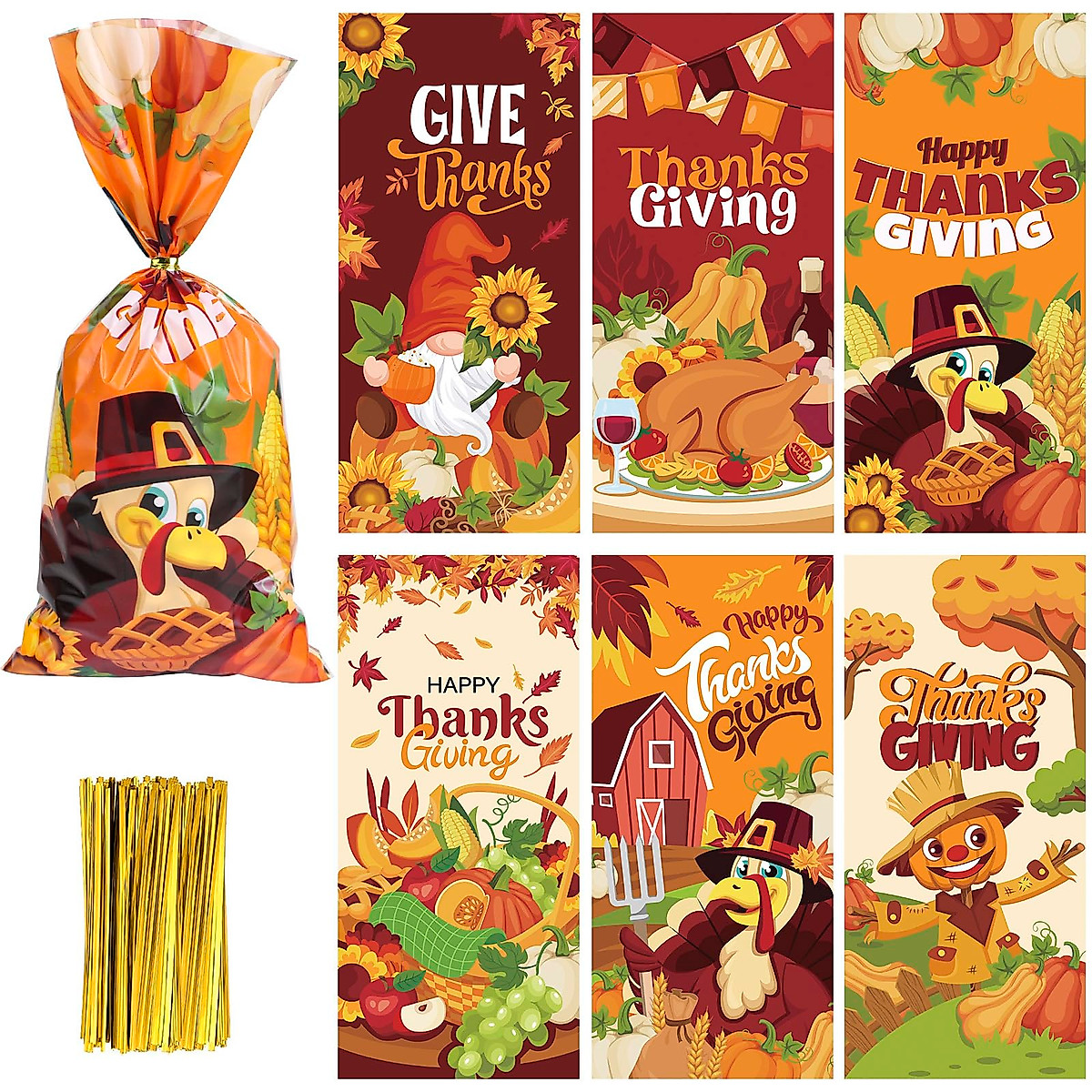 DERAYEE Thanksgiving Treat Bags, 180 Pcs Fall Cellophane Candy Bags Maple Leaves Turkey Pumpkin Goodie Gift Bags for Thanksgiving Party Supplies