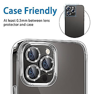 Hsefo Compatible with iPhone 14 Pro & 14 Pro Max Camera Lens Protector, Bling Glitter Diamond Lens Cover 9H Tempered Glass Camera Cover Anti Scratch Shockproof Screen Protector Individual Lens Ring - 3PCS Glitter Black
