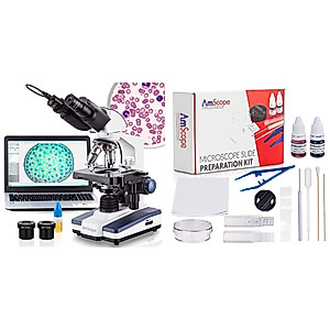 AmScope - 40X-2500X LED Digital Binocular Compound Microscope with 3D Stage + 5MP USB Camera & SP-14 Microscope Slide Preparation Kit Including Stains