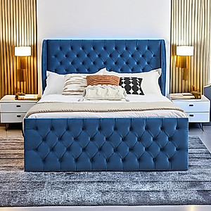 DUNTRKDU Queen Size Velvet Upholstered Platform Bed Frame with Button Tufted Headboard and Wingback, Wood Slat Support, No Box Spring Needed, Under Bed Storage (Blue)