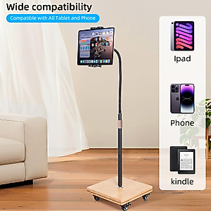Crocqett Ipad Stand Floor with Wheels,Adjustable Height Tablet Floor Stand for Bed,Gooseneck Tablet Holder with Bamboo Base,Compatible with Kindle,Ipad pro Mini 12.9/6,Phones (4.7''-13'')