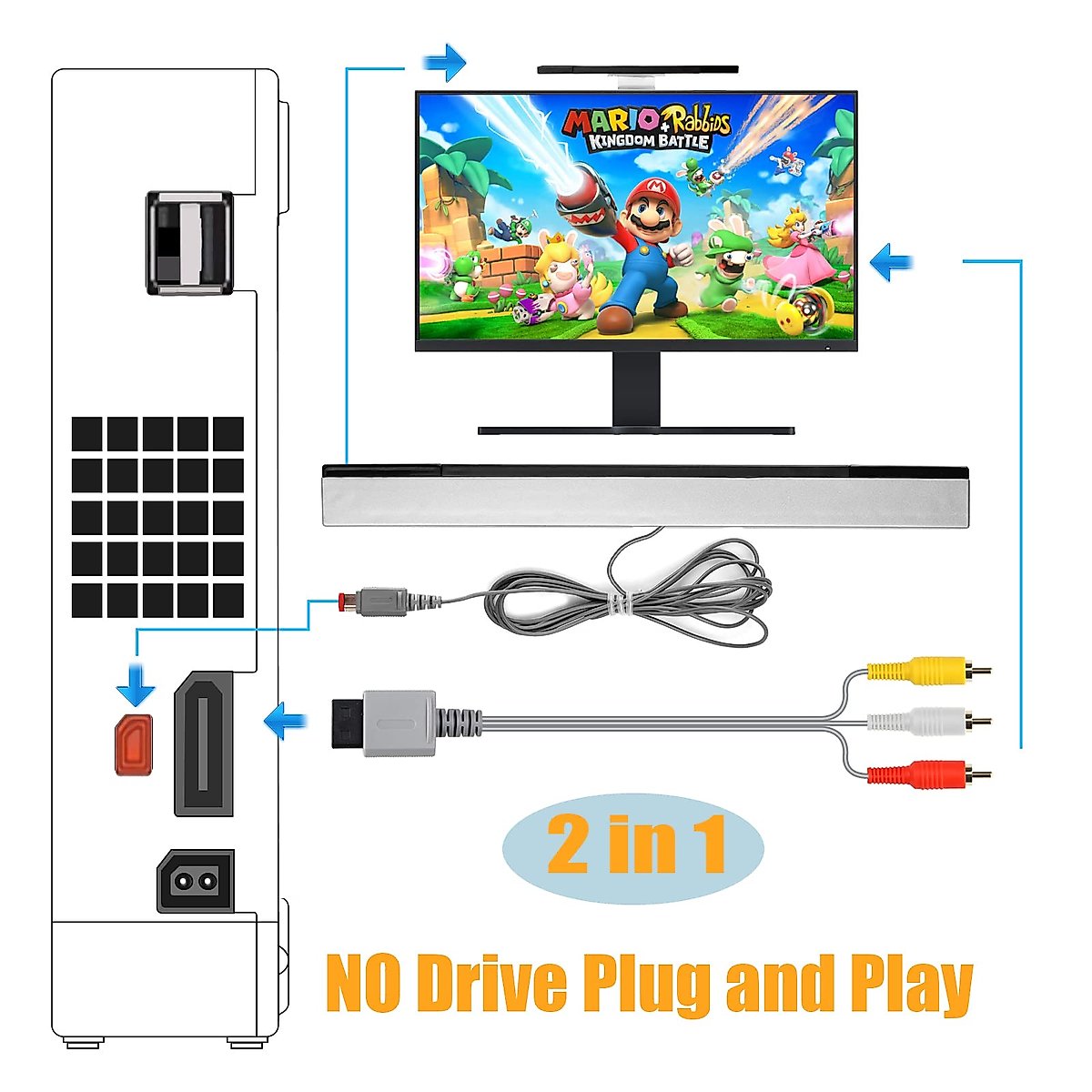 2 in 1 Wii AV Cables Composite Audio Video Cable + Wii Sensor Bar Wii Wired Infrared Ray Sensor Bar Compatible with Nintendo Wii and Wii U