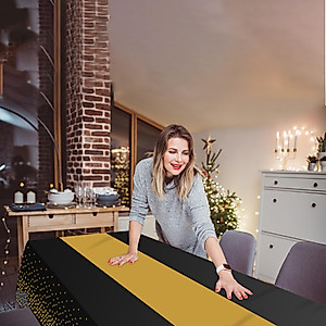 byojia 4 Pack 2in1 Disposable Plastic Tablecloths 54" x 108" Black and Gold Dot Kitchen Table Cloth Rectangle Table Cover for Wedding Birthday Baby Shower Anniversary Christmas Graduation