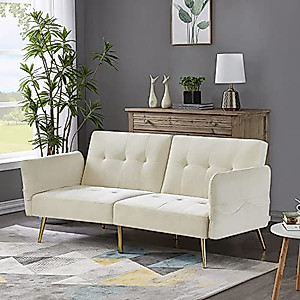 Majnesvon Modern Sofa Bed with Convertible Backrest, Convertible Armrests and Storage Pocket for Living Room, Bedroom, Office, Velvet Material (Beige)