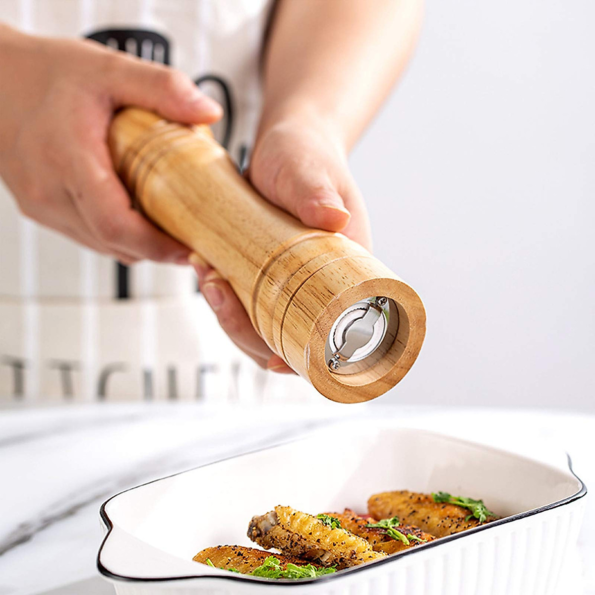 Wood Pepper Grinder Refillable, Pepper Mill, Adjustable Salt and Pepper Grinder Set, Kitchen Gadgets, Long Lasting Fresh Keeping Spice Grinder, Ceramic Grinding Mechanism Salt Mill (5inch)