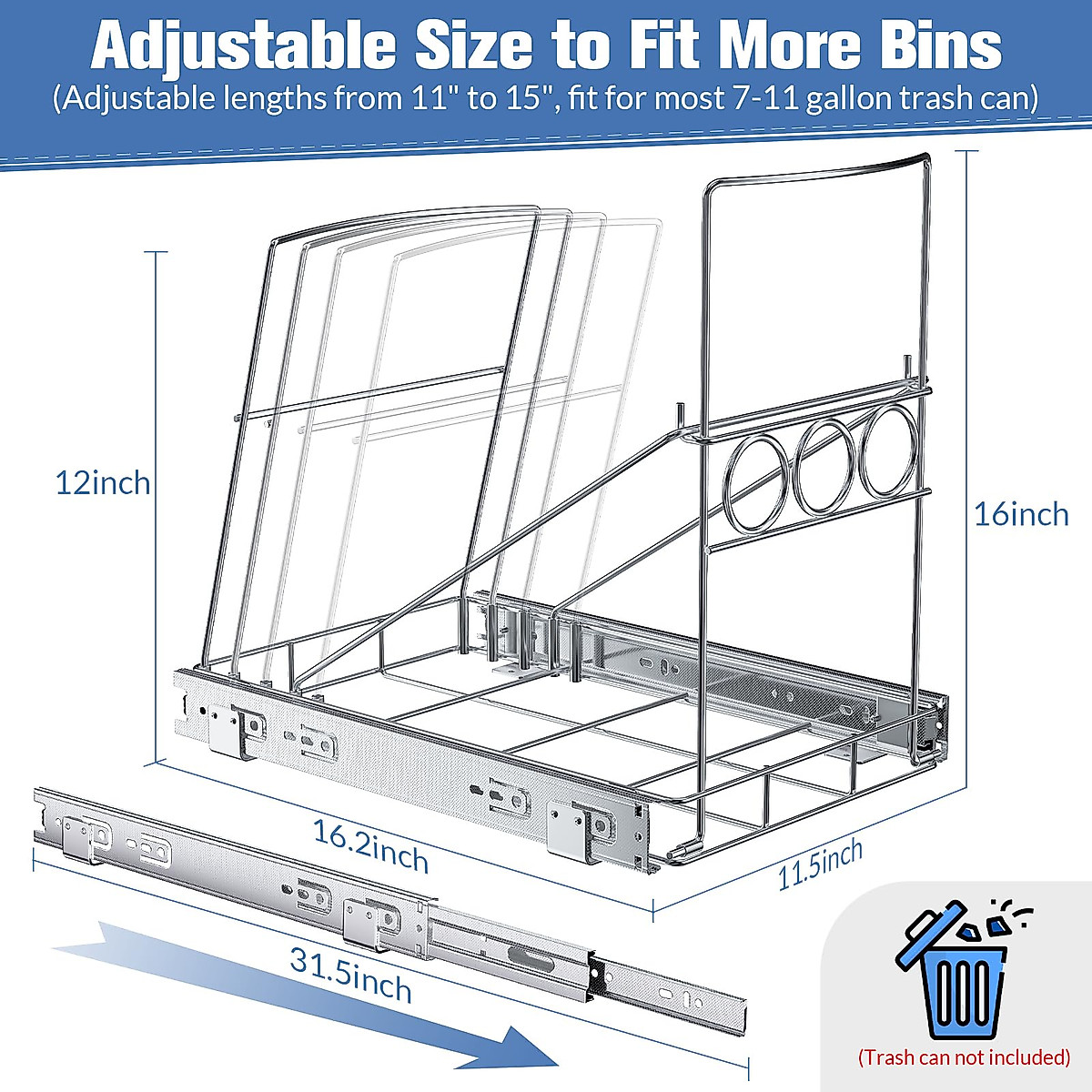Pull Out Trash Can Under Cabinet - Under Sink Trash Can Pull Out Kit, Adjustable Kitchen Garbage Can Pull Out, Roll Out Kitchen Cabinet Trash Can Slide Out Rack for 7-11 Gallon Trash Can Not Included