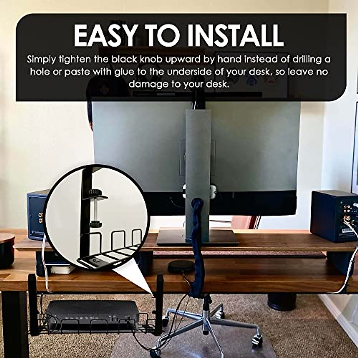 No Drill Under Desk Cable Management Tray 2 Pack, Under Desk Cord Organizer, Metal Wire Cable Holder for Desks and Offices, No Need to Drill Holes