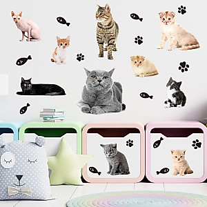 WOYINIS 3D Lovely Kitty Wall Decals Kitten Stickers DIY Removable Fish Cat Paws Wall Stickers Peel and Stick Kitten Wall Decals for Girls Bedroom Playroom Nursery Wall Decor