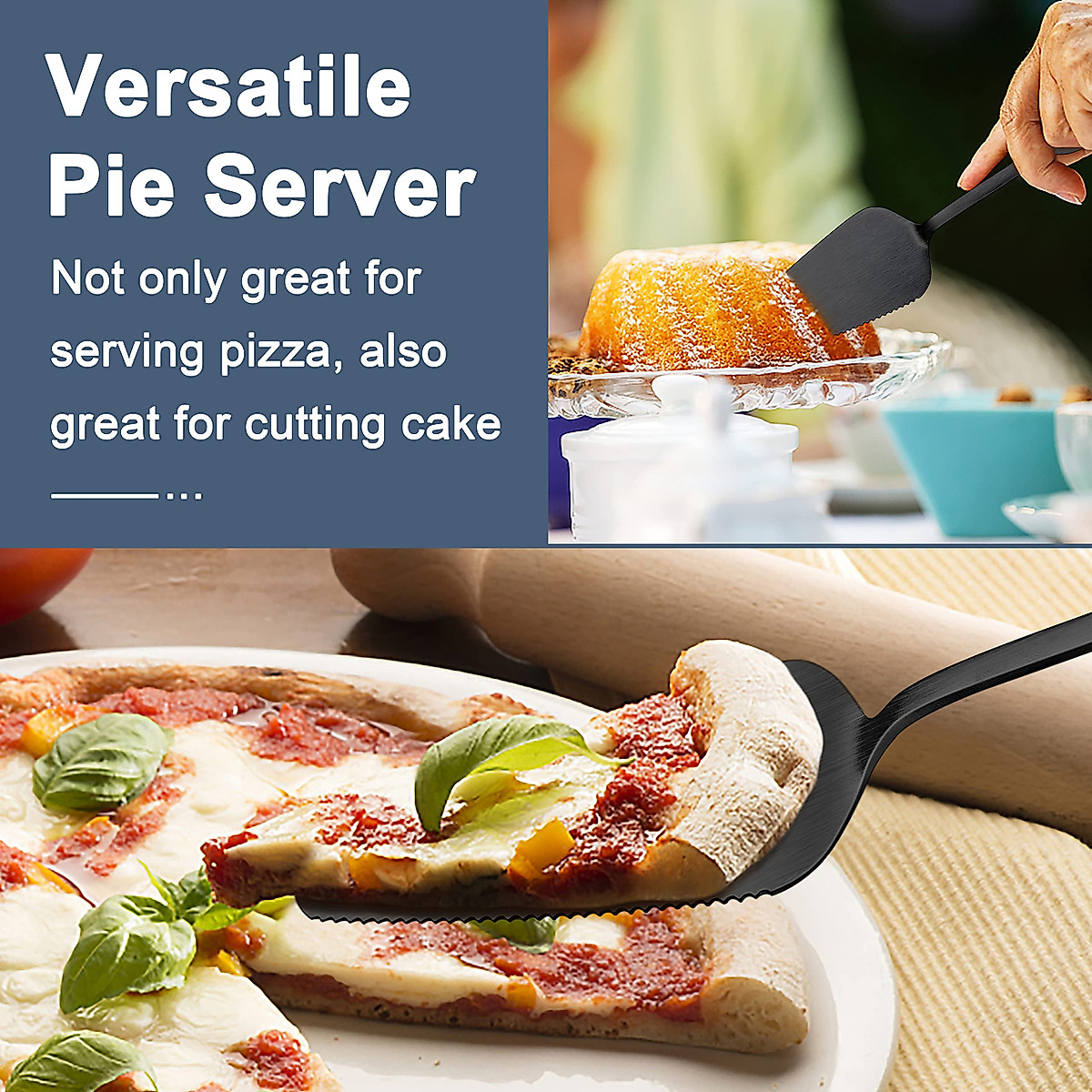 Matte Black Serving Utensils Set of 5, E-far Stainless Steel Serving Spoons, Slotted Serving Spoon, Serving Fork, Butter Spreader, Pie Server for Parties, Wide Handle & Thick Gauge, Dishwasher Safe