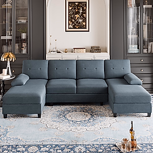 Shintenchi Sectional Couches for Living Room, U Shaped Sofa Couch with Double Chaise, 4-Seat Living Room Furniture Sets with Soft Cushion & Linen Fabric, Dark Grey