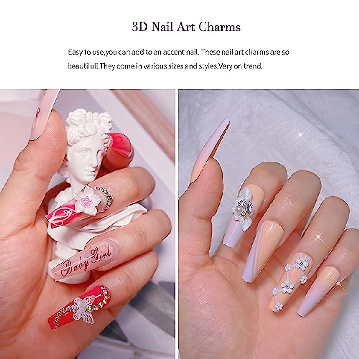 CQ zagir 140 Pcs 3D Flower Nail Art Charms White Nail Charms for Acrylic Nail Supplies Luxurious Mixed Nail Art Rhinestones Nail Gems Nail Accessories DIY Nail Decorations