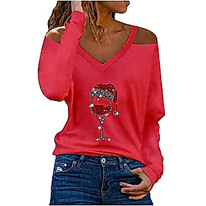 Womens Tops 2023 Fashion Sudadera de otoño para Mujer 2023 Camisa con Estampado de Mariposa navideña Camisetas Blusa de Manga Larga Shirts Q1-Red Large