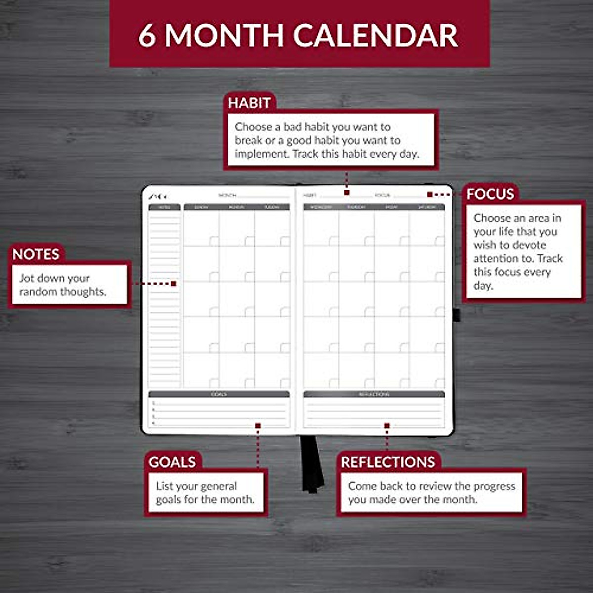 Mountain Daily Planner® Classic – Undated Daily Weekly Gratitude Journal, Monthly Calendar. Achieve Goals, Increase Productivity, Boost Happiness in 2023, 2024. Hardcover. Pen Holder. 6 Months (Black)