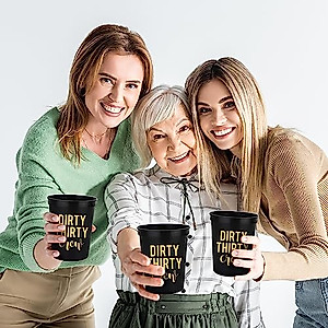 Dirty Thirty Crew 30th Birthday Party Cups and 1"Talk Thirty to Me" Button, Set of 12, 16oz Black and Gold 30th Birthday Stadium Cups, Perfect for Birthday Parties,Birthday Decorations (Regular)