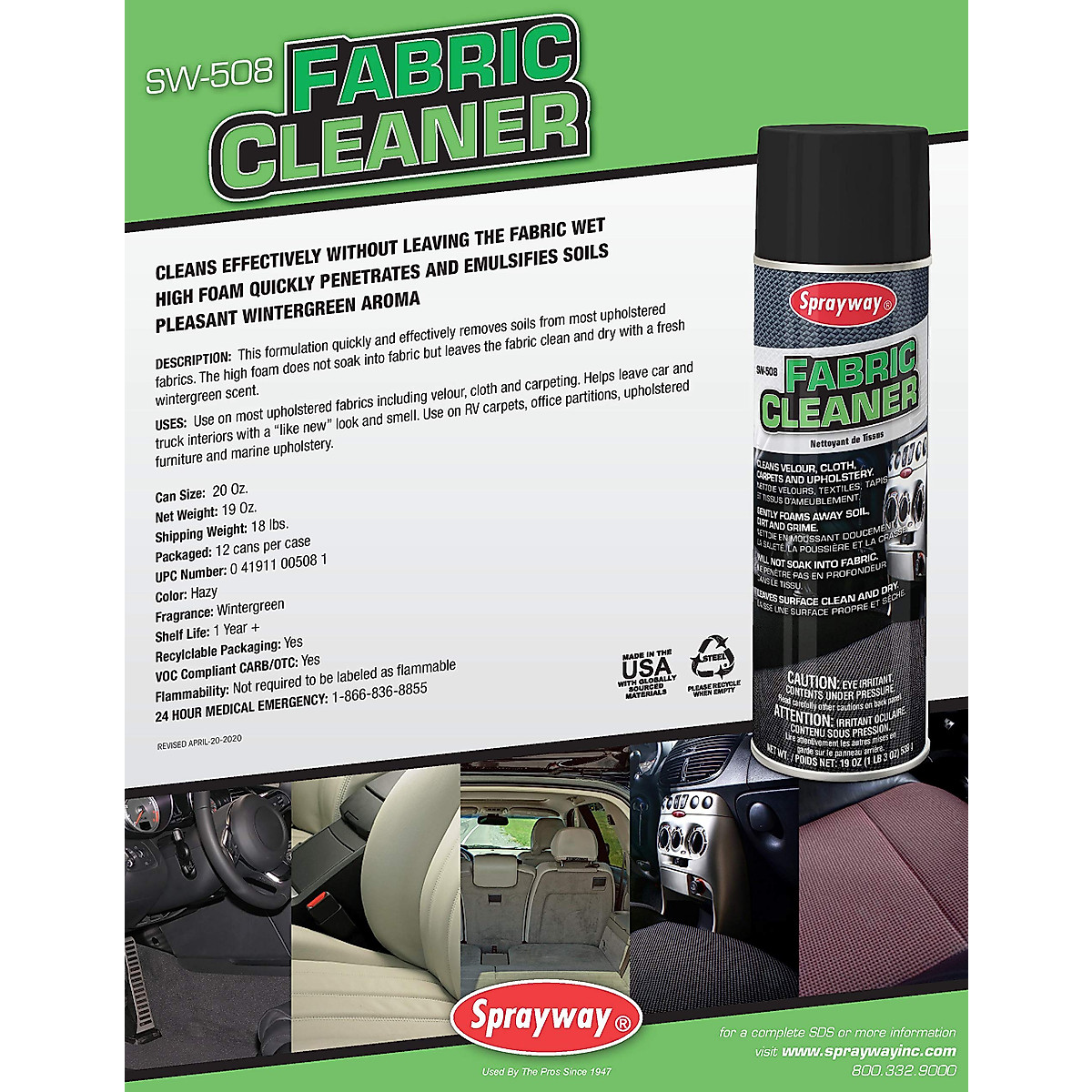 Sprayway Fabric Foam Cleaner , Net 19 Oz. (SW508)