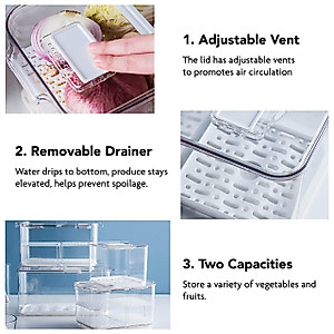 elabo Food Storage Containers Fridge Produce Saver- 3 Piece Set Stackable Refrigerator Organizer Keeper Drawers Bins Baskets with Lids and Removable Drain Tray for Veggie, Berry, Fruits and Vegetables