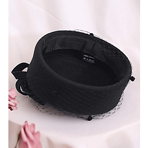 Z&X British Vintage Wool Felt Pillbox Hat Ladies Church Derby Winter Fascinator Hat Veil Flower Fedoras Black