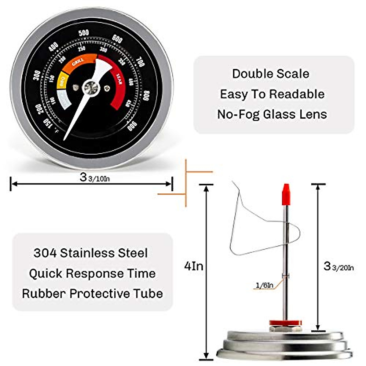 GriAddict 3.3" Green Egg Thermometer Replacement - Big Green Egg Temperature Gauge Tool, 150-900°F with Waterproof and No-Fog Glass Lens, Hermetically Sealed and Maintain Precise Cooking Temperatures