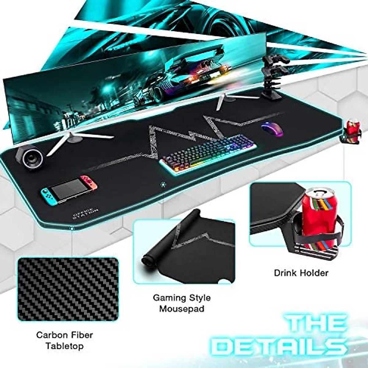 Furmax Gaming Desk T-Shaped Pc Computer Table with Carbon Fiber Surface Free Mouse Pad Home Office Desk Gamer Table Pro with Game Handle Rack Headphone Hook and Cup Holder (Black, 63 Inch)