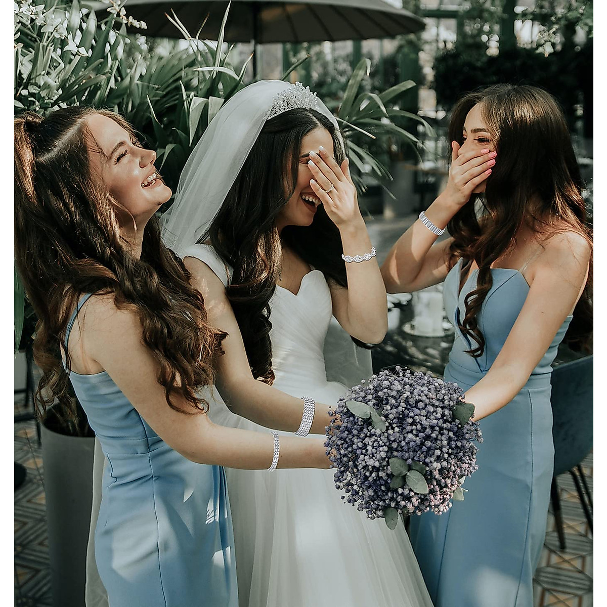 Jewdreamer 7PCS Rhinestone Bracelets for Women Cubic Zirconia Tennis Stretch Bracelet Bangle Bling Bikini Crystal Bracelet Sliver Sparkly Bridal Wedding Jewelry Bracelet Set