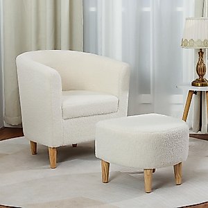 DAZONE Sherpa Chair, Accent White Fluffy Chair Teddy Barrel Chair with Ottoman Comfy ArmChair Footrest Set For Living Room Upholstered Club Tub Sofa Chair for Bedroom Reading Room