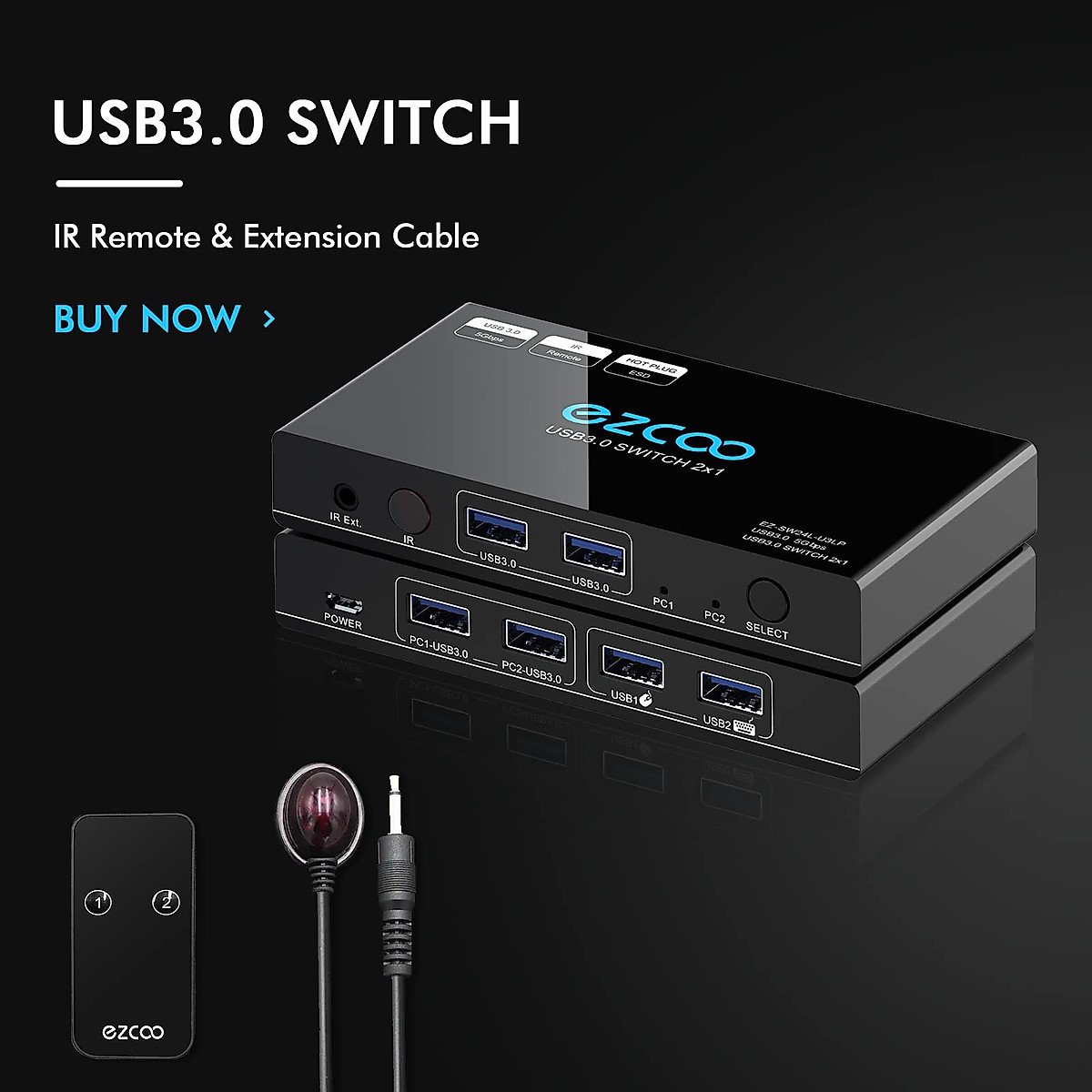 USB 3.0 Switch 2 Computers share 4-Port USB3.1 USB3.0 - Select 2 PC by One Panel Button, 4 USB Peripheral Hub for Mouse Keyboard Printer PC, Mac Windows Linux, 2pc USB-A Cable SW24U3L