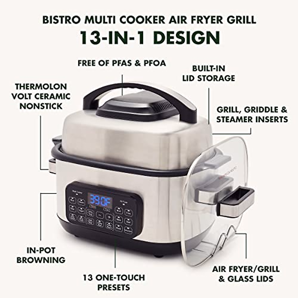 GreenPan Stainless Steel 13-in-1 Air Fryer Slow Cooker & Grill, Presets to Steam Saute Broil Bake and Cook Rice, Healthy Ceramic Nonstick and Dishwasher Safe Parts, Easy-to-use LED Display