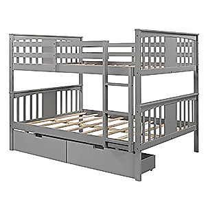 Full over Full Bunk Bed with Storage Drawers, Bunk Beds Full Over Full with Safety Rail and Ladder, Wood Full Bunk Bed for Adults, Kids, Teens No Box Spring Needed (Full, Grey)