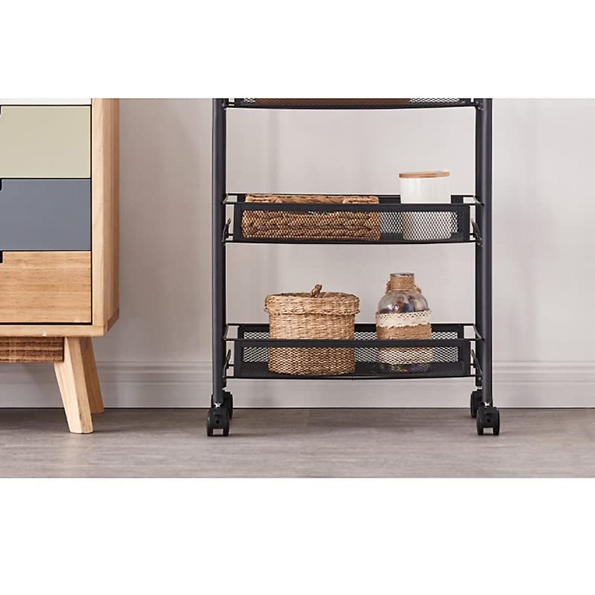 BHVXW Trolley Rack Movable 3-Tier Floor-Standing Vegetable Basket Rack with Wheels