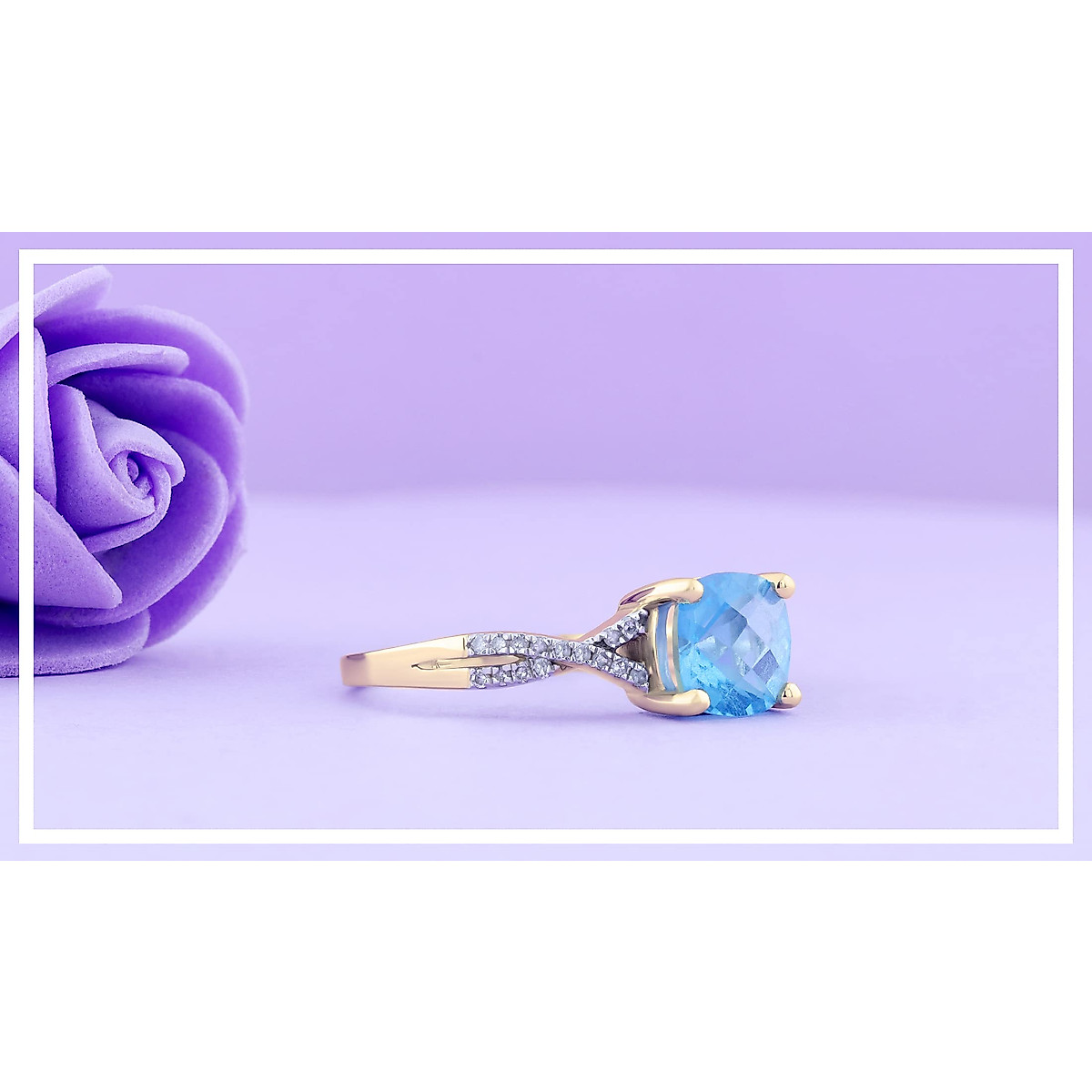 Dazzlingrock Collection 7MM Cushion Blue Topaz & Round White Diamond Swirl Crisscross Split Shank Engagement Ring for Women | 14K Yellow Gold, Size 7.5