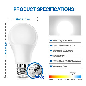 Neporal Full Spectrum Light Bulb, 6000K Natural Sunlight Bulbs, Cool White, 9W 60W Equivalent A19, E26/E27 LED Light Bulbs for Study Office Bedroom Living Room, Pack of 3