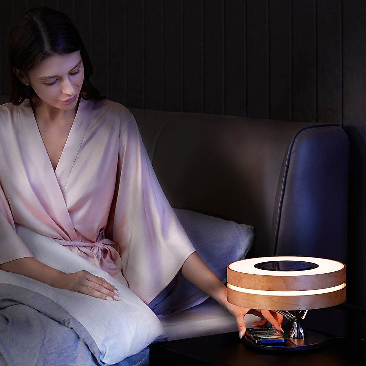 MODIRNATION Bonsai Modern LED Bedside Smart Table Lamp with Built-in TWS Bluetooth Speaker and Qi Wireless Charger for Home and Office, Stepless Dimming with Sleep Mode (Circle of Light)