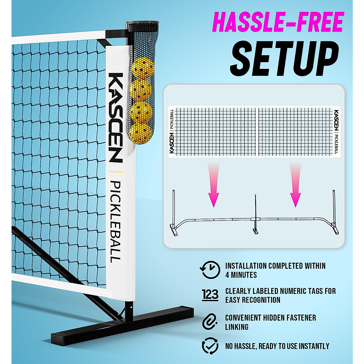 Kascen White Pickleball Net - 22 FT Regulation Size Portable Pickle Ball Net with Ball Holder, 4 Pickleballs & Carry Bag for Outdoor Indoor Driveway Backyard