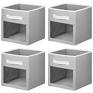 mDesign Fabric Nursery/Playroom Closet Storage Organizer Bin Box with Front Handle/Window for Cube Furniture Shelving Units, Hold Toys, Clothes, Diapers, Bibs, Jane Collection, 4 Pack - Gray/White